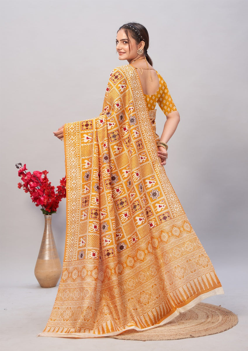 Cotton Ajrakh Print Mustard Yellow Saree – Kayabandh