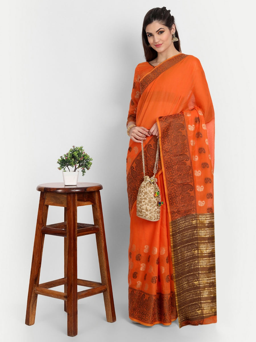 Zari Paisely Motif Weaving Cotton Orange Saree – Kayabandh