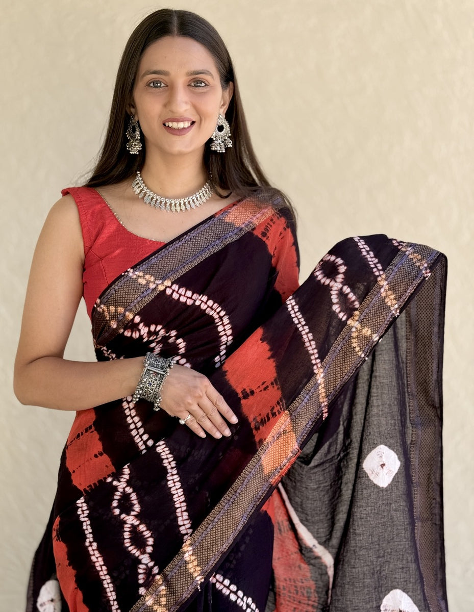 Mulmul Cotton Hand Shibori Black-Red Saree – Kayabandh
